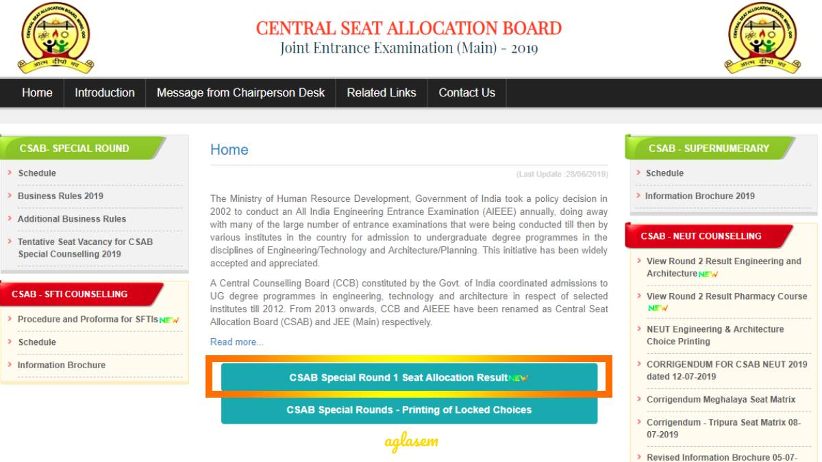 CSAB Special Round 1 Seat Allotment Result 2019 Announced! - AglaSem News