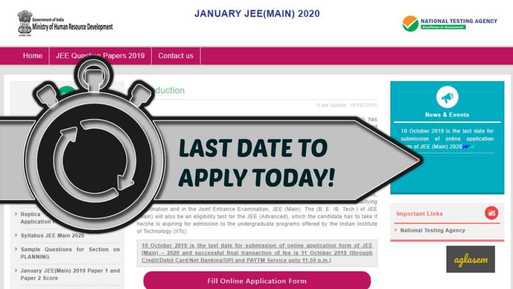 NTA JEE Main 2020 Registration Last Date - AglaSem News
